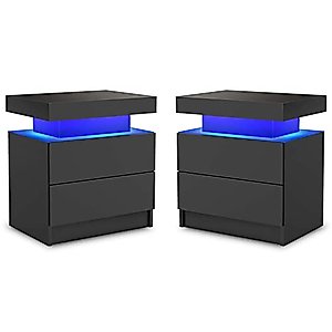 Generic Nightstand LED Set of 2 Bedside Table Cabinet with Lights Modern End Side Drawers for Bedroom (Black), 13D x 19W 20H in (JCFDB)