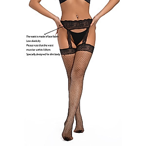 IMMIGOSE Women's Fishnet Tight High Stockings With Black Lace Garter Belt-(S-M)