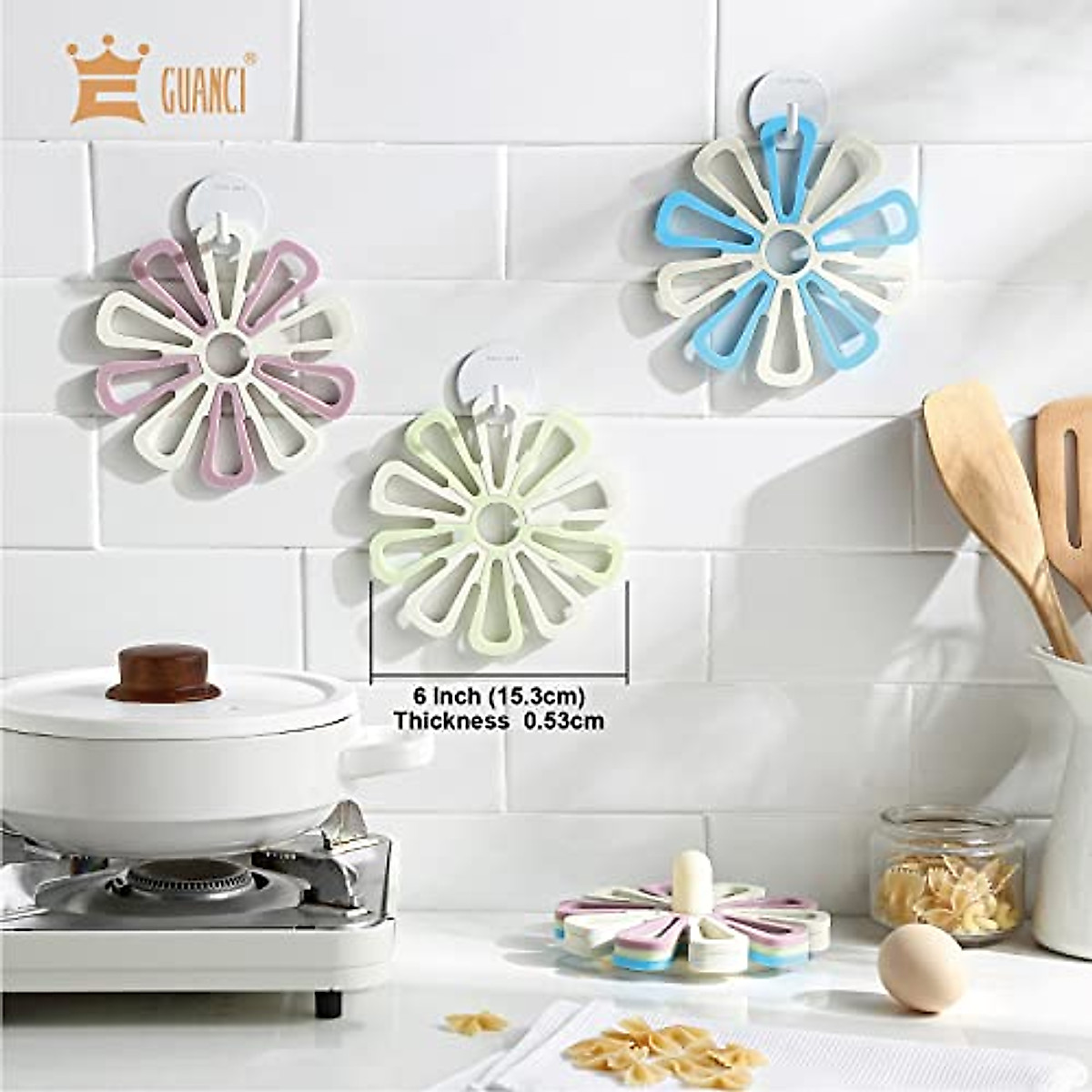 Silicone Trivet Mat 6 PCS with Storage Base, GUANCI Hot Pot Holder Hot Pads for Table & Countertop Set Non-Slip & Heat Resistant Modern Kitchen Hot Pads for Pots & Pans(Pink, Blue and Green)