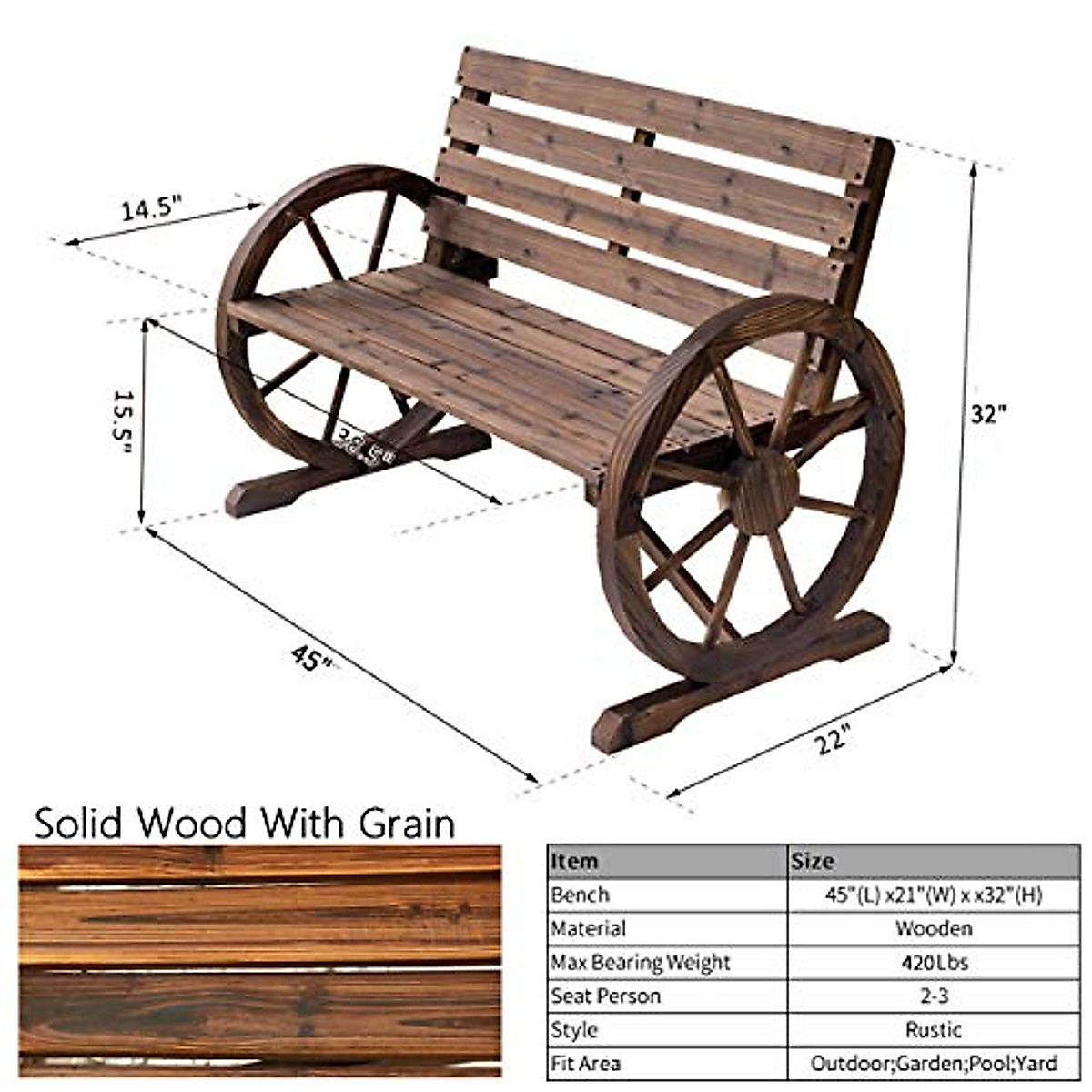 PatioFestival Outdoor Bench Wooden Patio Porch Bench Wagon Wheel Design Rustic Bench for Garden,Porch,Yard(45" Lx21 Wx32 H)
