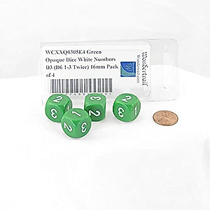 Green Opaque Dice with White Numbers D3 (D6 1-3 Twice) 16mm (5/8in) Pack of 4 Wondertrail