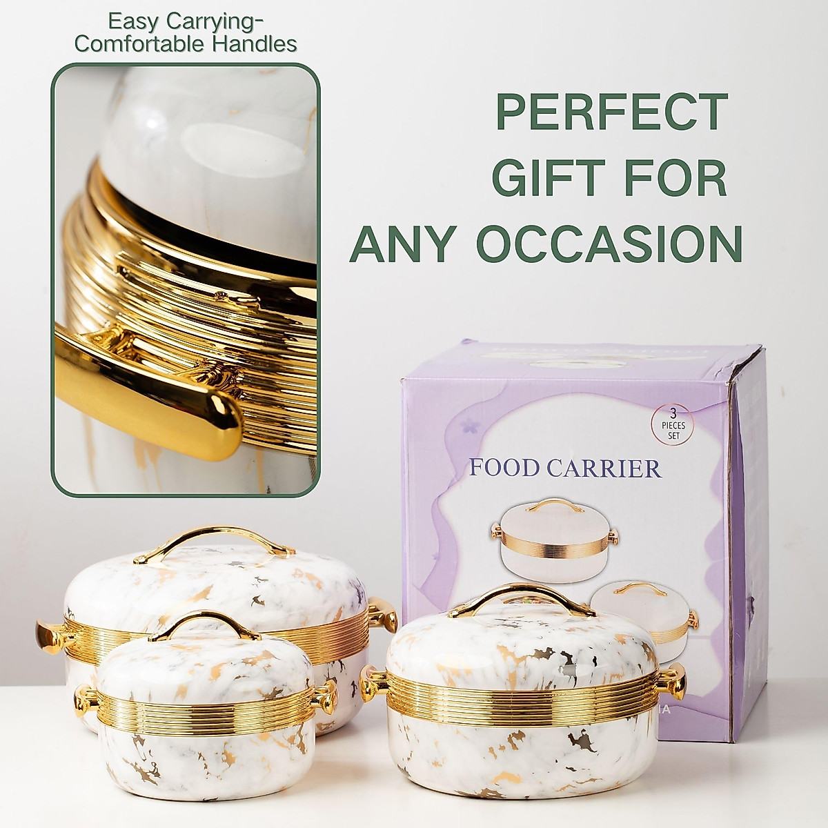 TOMANOON Round Thermal Hot/Cold Serving Bowls Set of 3, 3.5/2/1 L Insulated Casserole Dishes With Lid, Great for salad, stews, and soup, Ideal for parties, holidays, and Travel(Marble White)