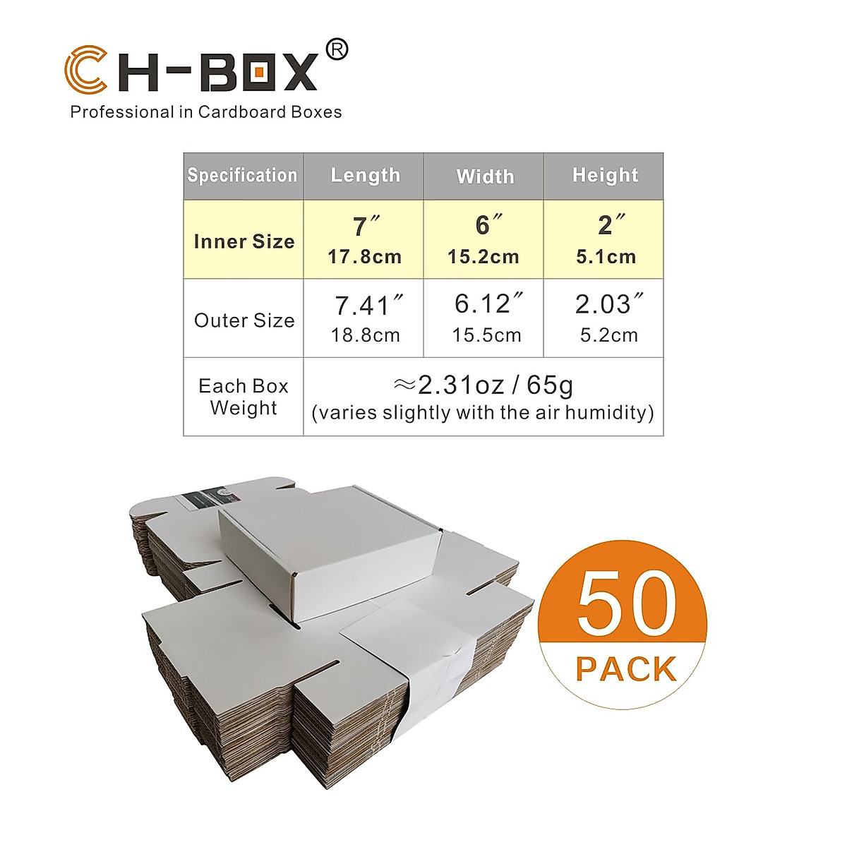 CH-BOX 50 Pack 7x6x2'' Small Shipping Boxes, Corrugated Cardboard Mailers for Business, White (CM762)