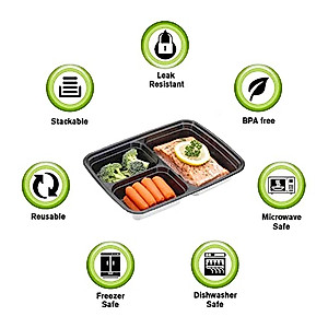 [150Pack] 32oz Meal Prep Containers, Black Plastic Container, 3 Compartment Lunch Box, Bento Box, To go Food packaging, Reuseable