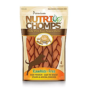 NutriChomps Dog Chews, 6-inch Braids, Easy to Digest, Rawhide-Free Dog Treats, Healthy, 4 Count, Real Peanut Butter Flavor