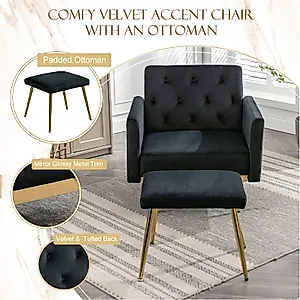 KINFFICT Velvet Accent Sofa Chair with Ottoman, Upholstered Comfy Lounge Armchair with Adjustable Armrests and Backrest, Living Room Single Recliner with Tufted Button Back, Black