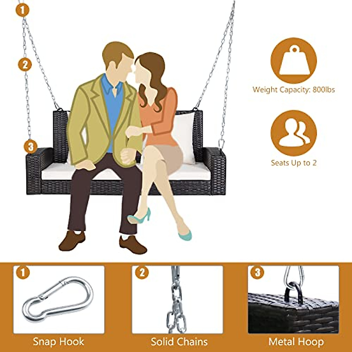 Happygrill Porch Swing Bench Outdoor 2-Person Patio Rattan Swing Chair with Soft Cushions, 7.9ft Reinforced Steel Chain, Solid Steel Frame, Perfect for Backyard, Poolside, Front Porch White