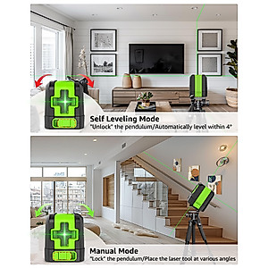 HUEPAR Laser Level Self-Leveling - 100 feet DIY Bright Green Cross Line Laser Leveler for Picture Hanging, Tile, Decoratio and Construction Indoor Project, 360° Magnetic Base & Battery Included