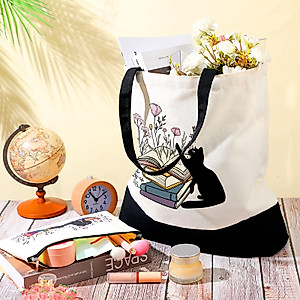 Cunno 2 Pcs Book Lovers Gifts Set Cat Tote Bags with Makeup Bag Aesthetic Floral Bags for Teacher Appreciation Gift Set(Cat)