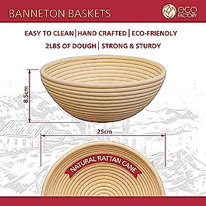 ECO FACTORY Professional Bread Proofing Basket Set of 2-9 inch Round Baskets - Sourdough Bread Making Kit - 100% Natural Indonesian Rattan - Stainless Steel Accessories - Designed in Switzerland