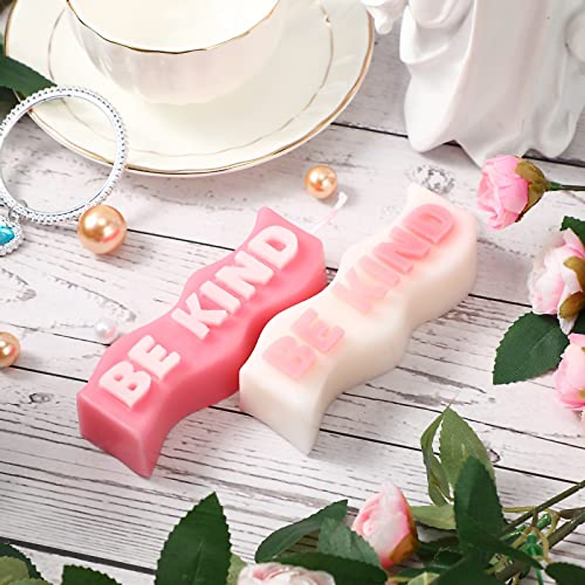 Coume 2 Pieces Aesthetic Shaped Candles Wavy Word Candle Atmosphere Trendy Minimalist Inspirational Soy Wax Geometric Scented Encouragement Gift for Home Christmas Birthday Office (Warm) White,Pink