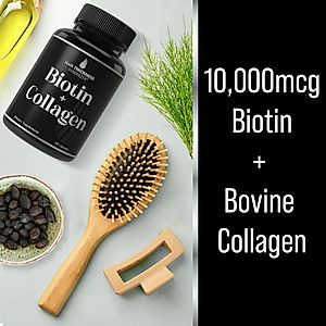 Biotin and Collagen Supplements - 10000mcg Biotin + Bovine Collagen Advanced 2-in-1 Hair Growth + Thickening Vitamins Complex. Capsules Supplement for Women, Men with Thinning Hair and Hair Loss