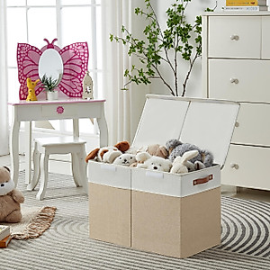 Bagnizer Large Toy Storage Box with Lids, Collapsible Sturdy Baby Storage Organizer Chest Bin Basket for Kids, Boys, Girls, Playroom, Nursery, Bedroom, Closet 25"x13"x16" (Beige and White)