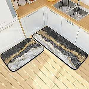 Kitchen Mats Rugs 2 Piece Set Bath Mat Antifatigue Cushioned Gold Black Marble for Floor Washable Non Slip