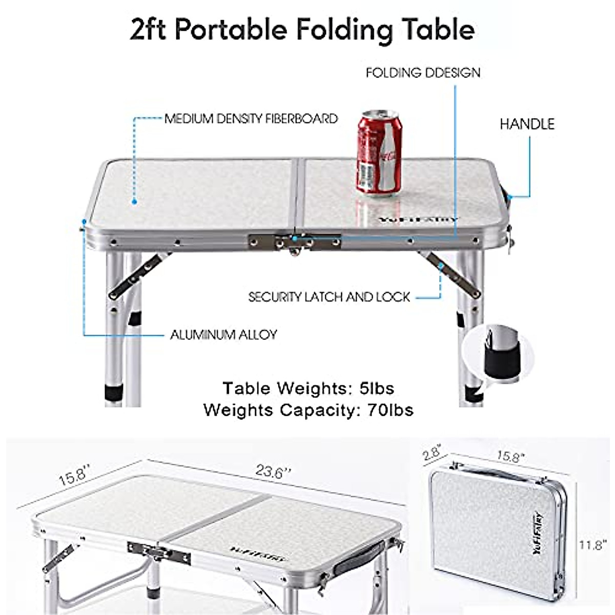 YUFIFAIRY Small Folding Table Portable, 24''L x16''W Foldable Camp Table with 3 Adjustable Height, Indoor Outdoor Lightweight Aluminum Table for Outdoor Cooking Picnic, (3 Heights)