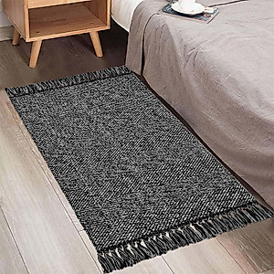 Boho Bathroom Rug 2'x 3', Black Cream Hand- Woven Cotton Reversible Small Entryway Rug with Tassels Machine Washable Rug for Kitchen/Laundry/Doorway Porch Throw Floor Mat