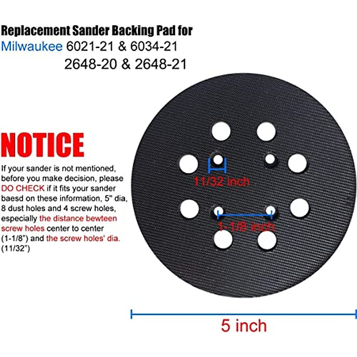 Standard 5" Hook and Loop Replacement Sander Pad for Milwaukee 2648-20 & 2648-21 Random Orbit Sanders