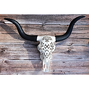 Ebros 27.5" Wide Southwest Rustic Off White Steer Bison Buffalo Bull Cow Horned Skull Head With Scroll Lace Filigree Design Hanging Wall Mount Decor Native Animal Totem Bust Skulls Western Accent