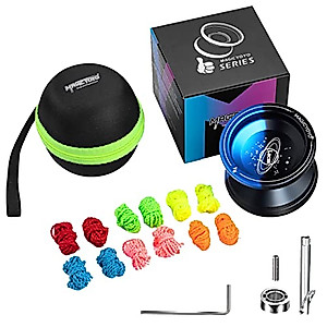 MAGICYOYO Responsive V6 Black Blue Aluminum YoYo for Kids Beginner Learner with 1 Yoyo Storage Bag, 1 Unresponsive Bearing Kit, 12 Yoyo Strings