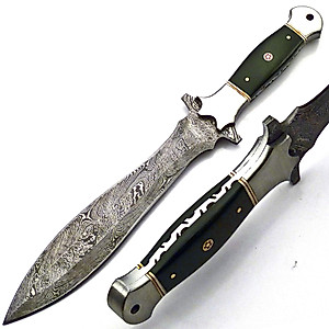 Skokie Knives Custom Hand Made Damascus Steel Hunting Knife Handle Green Micarta with White Fiber (G.D)