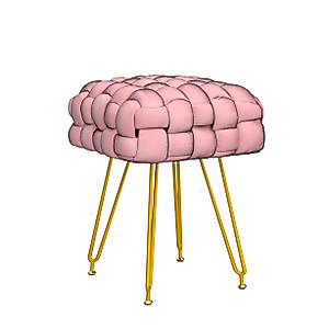 Square Velvet Vanity Stool, Upholstered Ottoman Foot Rest with Adjustable Metal Legs, Makeup Ottoman for Bedroom, Dressing Room, Living Room, Pink