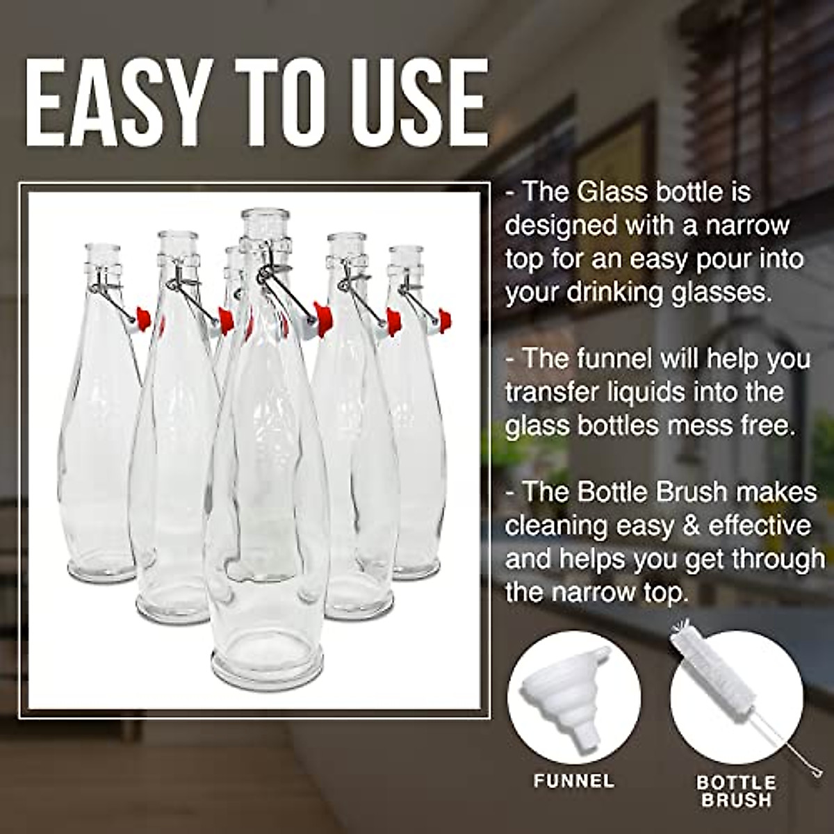 Nevlers Set of 6 | 33 Oz Glass Bottle Set with Swing Top Stoppers and Includes Bottle Brush - Funnel and Gold Glass Marker | Swing Top Glass Bottles | Clear Glass Water Bottle