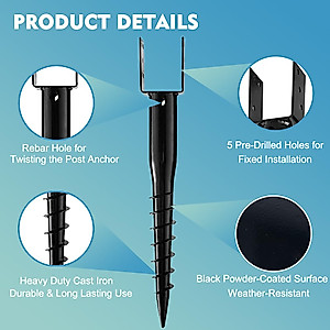 Furnishh No Dig Ground Anchor 4"x4" Post Holder U Model Screw in Post Stake for Mailbox Posts and Fence Posts, 27" Long Post Anchor Spike, Black