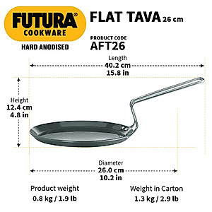 Futura Hard Anodised Flat Tava Griddle, 10-Inch, 4.88mm with Steel Handle, Black