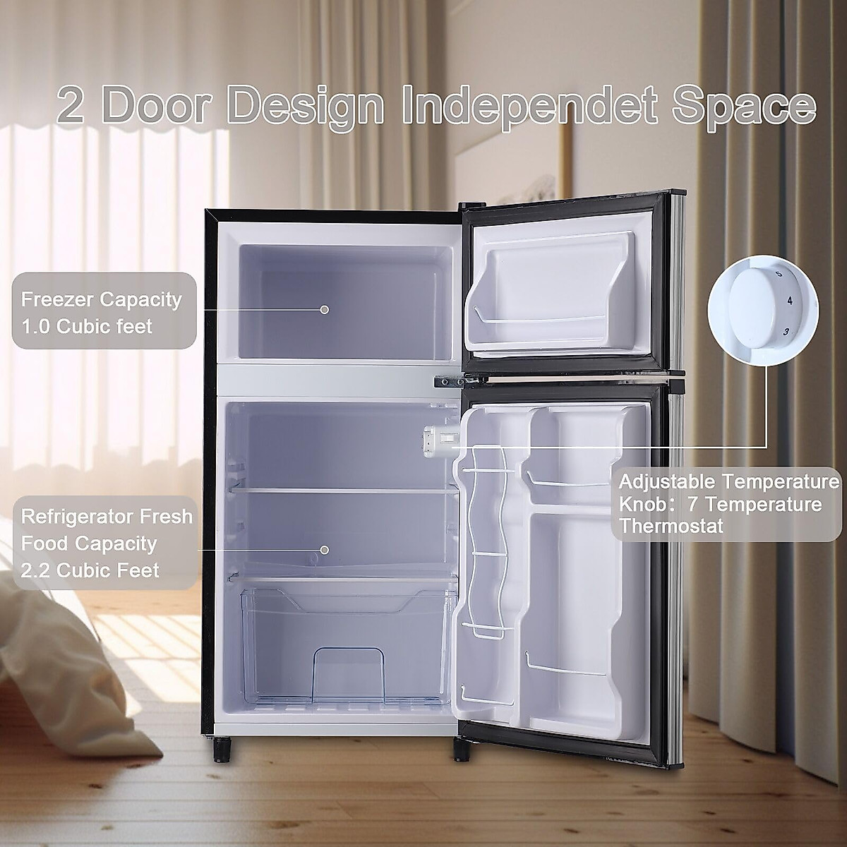 WANAI 3.5 Cu.Ft Mini Fridge with Freezer Dual Door Fridge with 7 Level Adjustable Adjustable Thermostat for Dorm, Office, Kitchen, Silver