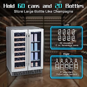 BHTOP Wine Fridge, 24" Beverage Refrigerator, Dual Zone Beverage Fridge Cooler, Holds 27 Bottles and 60 Cans, Stainless Steel French Door Digital Temperature Control, Key Lock Quiet Operation