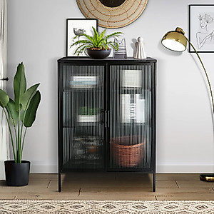 DiMorture 48 Inch-Height Double Glass Door Storage Cabinet, Sideboard Cupboard with Adjustable Shelves, Steel Display Cabinet Credenzas Console Table for Kitchen Entryway, Black