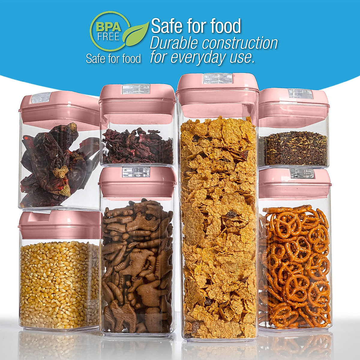 Alphx Innovations Set of 7 Airtight Food Storage Containers - Pantry Organizer Bins, BPA Free Plastic Containers plus Dry Erase Marker and Labels, Pink