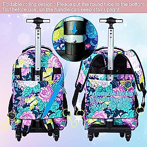 Rolling Backpack for Girls, 21 Inch Water Resistant Flowers Butterfly Bookbag with Roller Wheels, Elementary Wheeled Backpacks for Teens Students School Travel