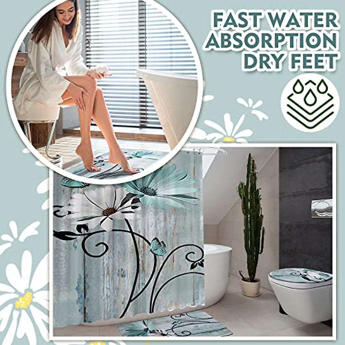 Moukeren 4 Pcs Teal Blue Daisy Butterfly Shower Curtain Set with Non Slip Rugs Toilet Lid Cover and Bath Mat Rustic Farmhouse Shower Curtain Turquoise Shower Curtain with Hooks Sets