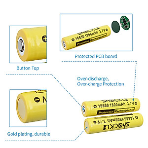funkawa (2- Pack) Shockli 16650 1800mAh Rechargeable 3.7V Batteries[ Replacement for 2 x CR123 ] - Protected Battery