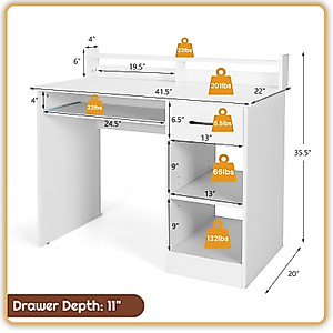 SILKYDRY Computer Desk with Hutch & Keyboard Tray, Home Office Workstation with Drawer, Adjustable Shelves, Modern Vanity Table for Bedroom, Wooden Writing Study Laptop PC Desk (White)
