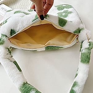 Fluffy Tote Bag Y2K Green Flower Plush Underarm Bag for Women Furry Shoulder Bag Faux Fur Tote Purse for Autumn Winter