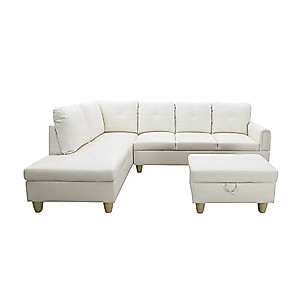 NOTOP 3-Piece Faux Leather L-Shaped Sectional Sofas, Button Tufted Upholstered Couch Set with Left Chaise Longue and Storage Ottoman, for Living Room, Home, Office,White