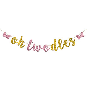 INNORU Oh Twodles Banner - Happy 2nd Birthday Party Decor for Girls - Cartoon Mouse Theme 2nd Birthday Party Decorations Supplies, Pink & Gold Glitter