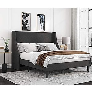 Allewie Queen Bed Frame, Platform Bed Frame Queen Size with Upholstered Headboard, Modern Deluxe Wingback, Wood Slat Support, Mattress Foundation, Dark Grey