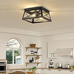 Pynsseu Industrial Ceiling Light, 2 Lights Farmhouse Semi Flush Mount Ceiling Fixture for Kitchen Island Dining Room Bedroom Foyer Hallway, 1 Pack, Black