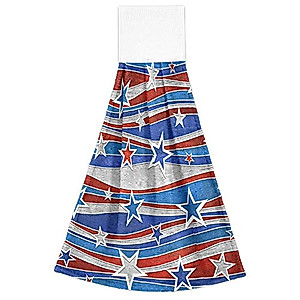 Red Blue Stars Memorial Day Kitchen Hanging Towel 12 x 17 Inch Wood 4Th of July Hand Tie Towels Set 2 Pcs Tea Bar Dish Cloths Dry Towel Soft Absorbent Durable for Bathroom Laundry Room Decor