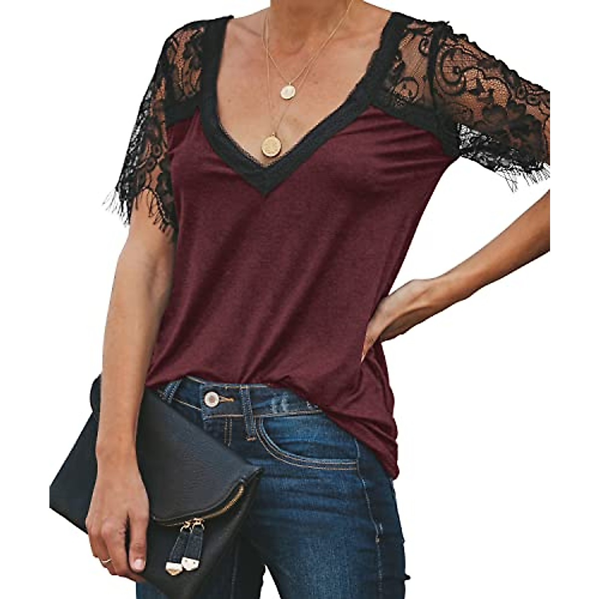 VNK Womens Lace Short Sleeve Shirts V Neck Casual Summer Tops Loose Fit Fashion Blouses Ladies Sexy Tshirts 2023 Wine Red Large