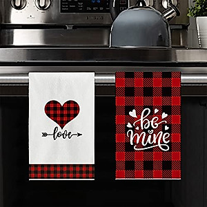 Artoid Mode Buffalo Plaid Kitchen Dish Towels Love Truck, 18 x 26 Inch Seasonal Valentine's Day Anniversary Wedding Ultra Absorbent Drying Cloth Tea Towels for Cooking Baking Set of 4