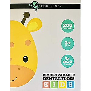 EcoFrenzy Kids Floss Picks 200 COUNT (4 packs of 50 Flossers) - BIODEGRADABLE Cornstarch - Strawberry Flavored
