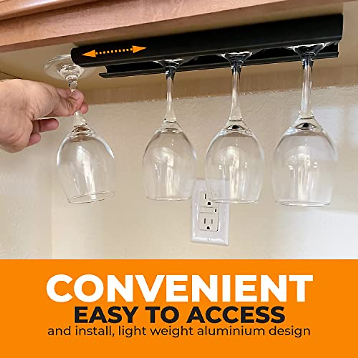 AA Brothers Aluminum Wine Glass Rack 2 Pack, Under Cabinet Wine Glass Holder, Under Shelf Mounted Stemware Rack for Bar Kitchen, Hanging Stemware Rack Organizer Hanger, Black