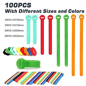 Cable Ties 100PCS，4+6+8+10 Inch Reusable Cable Management，Multi-Purpose Adjustable Cord Organizer，Fastening Microfiber Cloth Hook and Loop Cable Organizer Wire Straps，Assorted Colors