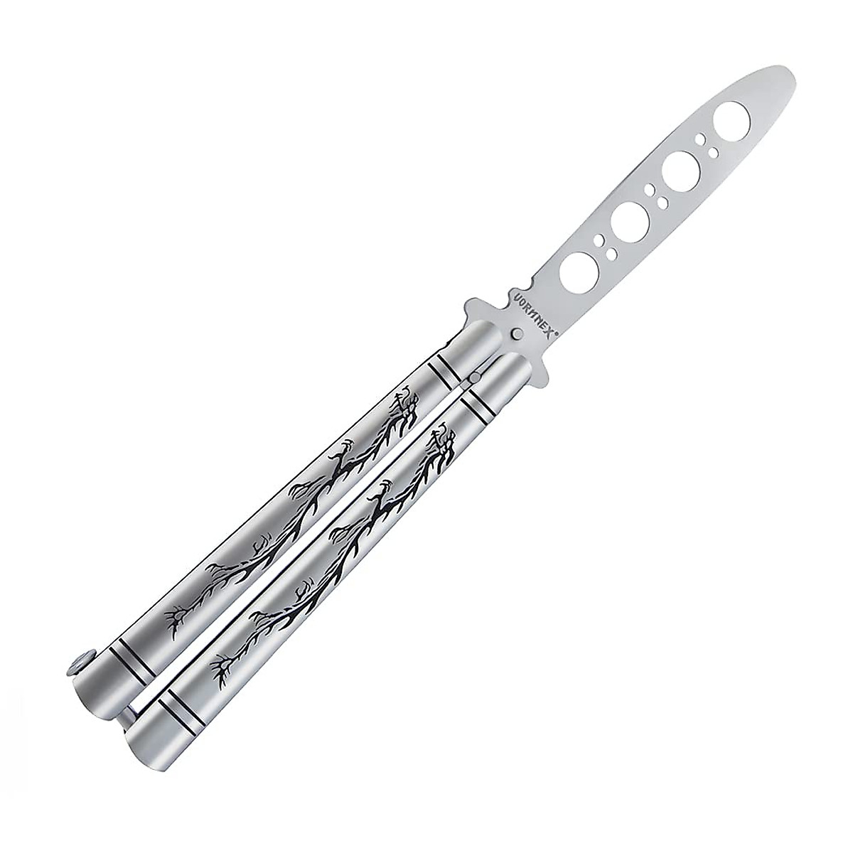 VORNNEX Practice Butterfly knife Trainer with Sure Spring Latch, Full Stainless Steel Black Dull Balisong, Unsharpened Butterfly knives Comb for CSGO Training(Silver)