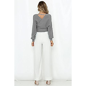 ZAFUL Women's V Neck Crop Knitted Sweater Long Sleeve Drop Shoulder Ribbed Jumper Pullover Solid Tops