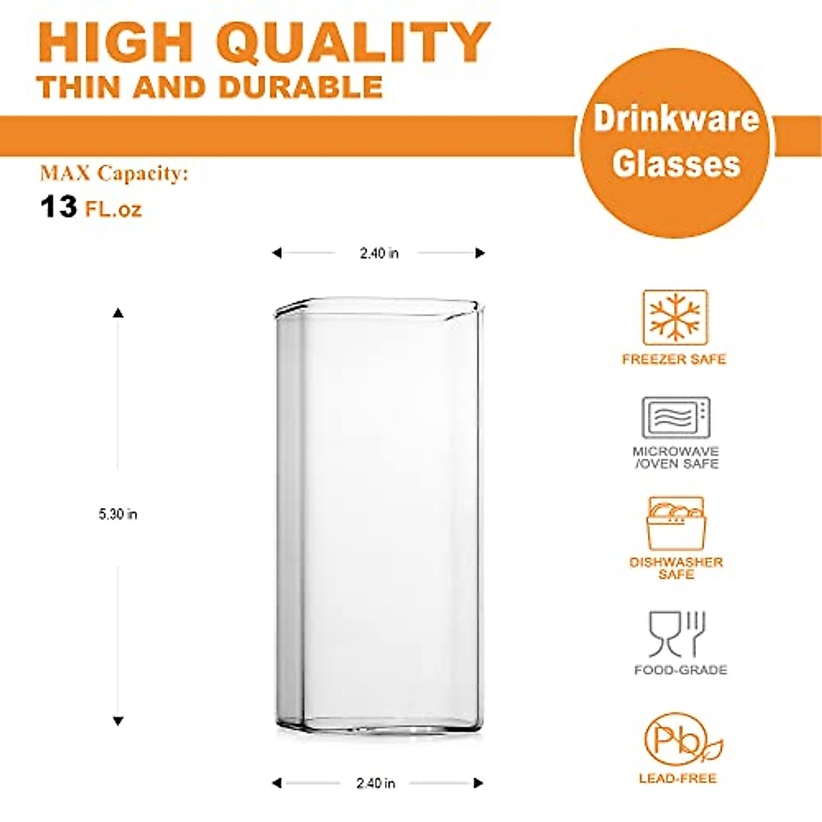 LUXU Drinking Glasses 13 oz,Thin Square Glasses Set of 4,Elegant Bar Glassware For Water,Juice,Beer, Drinks,and Cocktails and Mixed Drinks,Lead-Free Square Glass,Glass Drink Tumblers